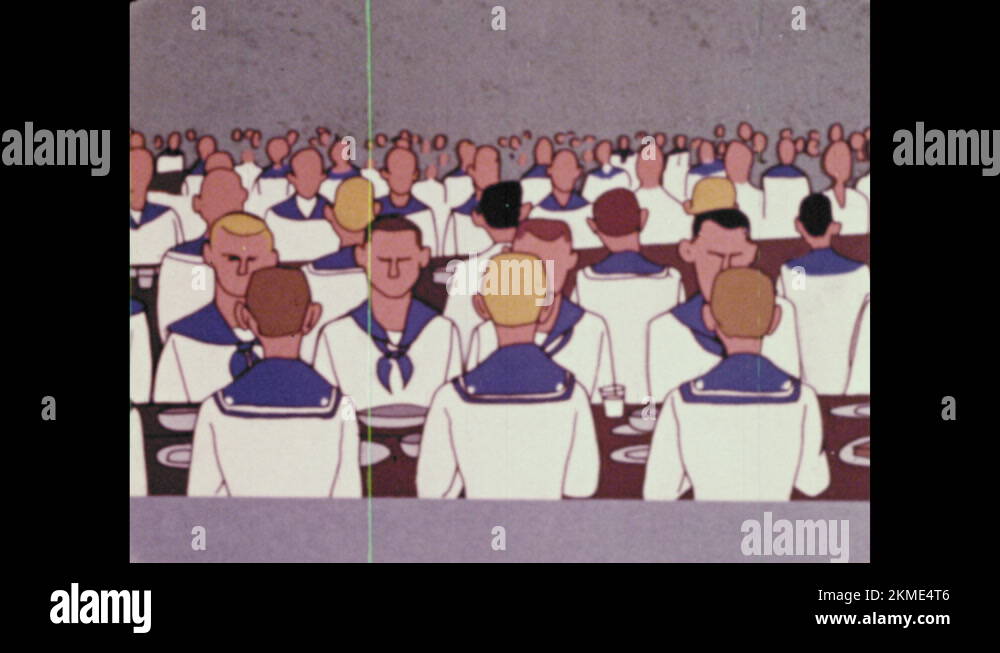 1960s: Man brushing teeth. Sailors sitting in rows. Sailor drinking ...