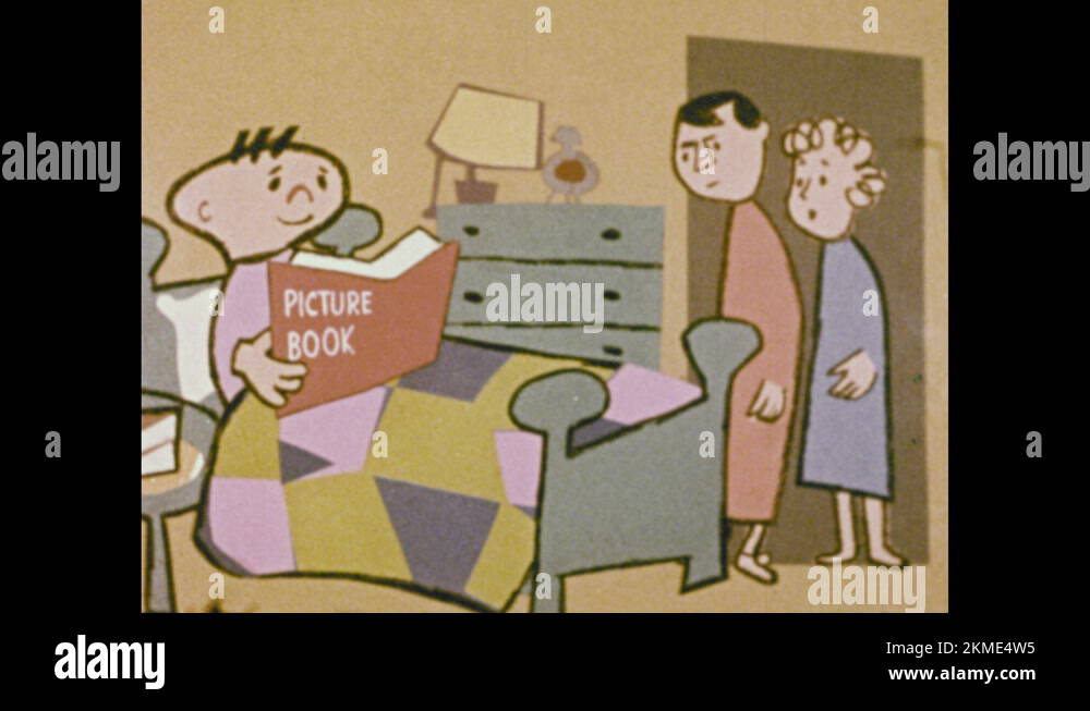 1950s: Animation. Father and boy sit at table. Parents open bedroom ...