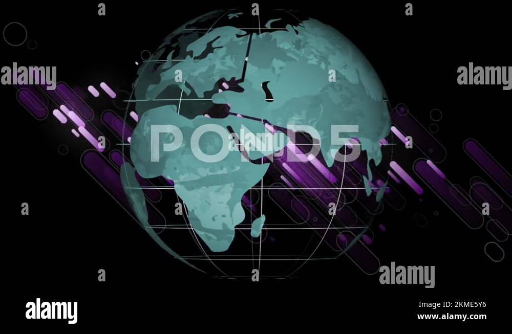 Animation of purple stripes falling over globe on black background ...