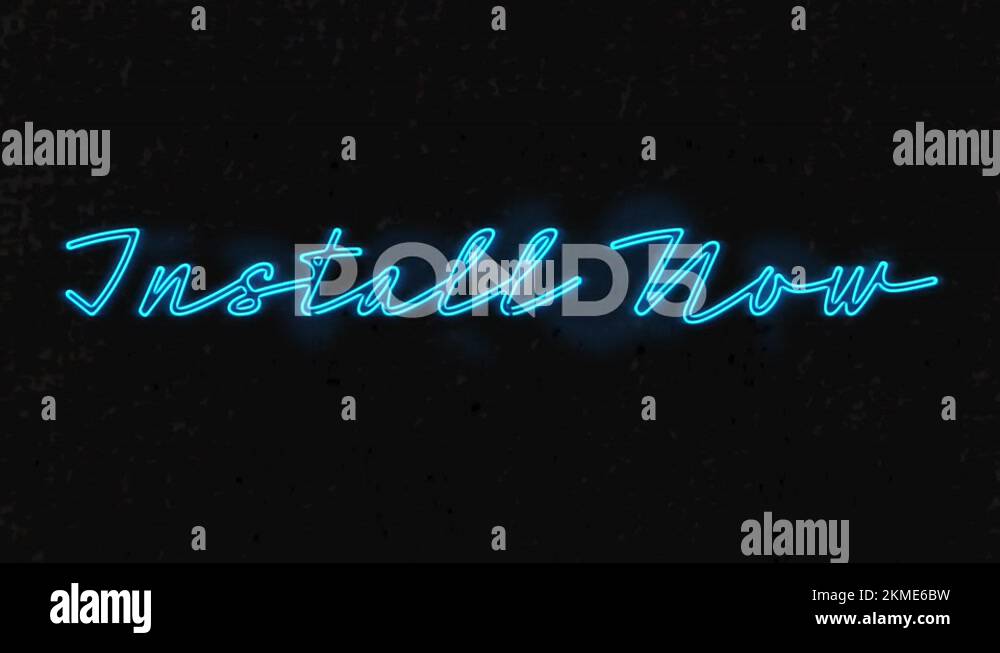 Animation of install now text in blue neon font flickering on black ...