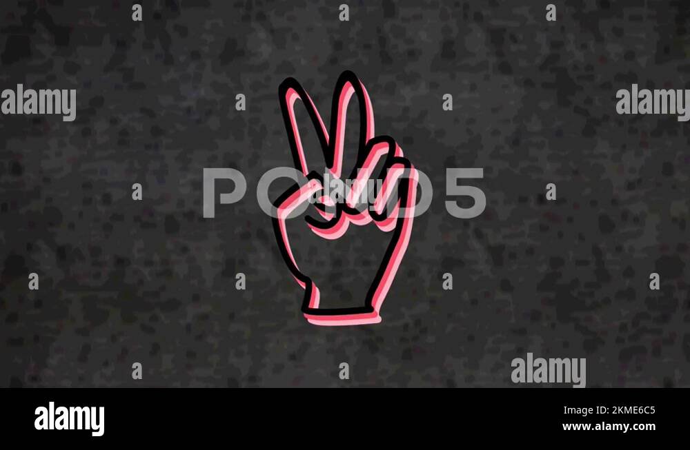 Animation of victory hand sign in neon font flickering on grey ...