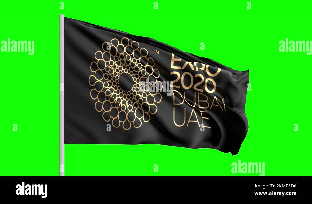 Dubai Expo 2020 Logo with Golden Text on Black Flag on Green Screen ...