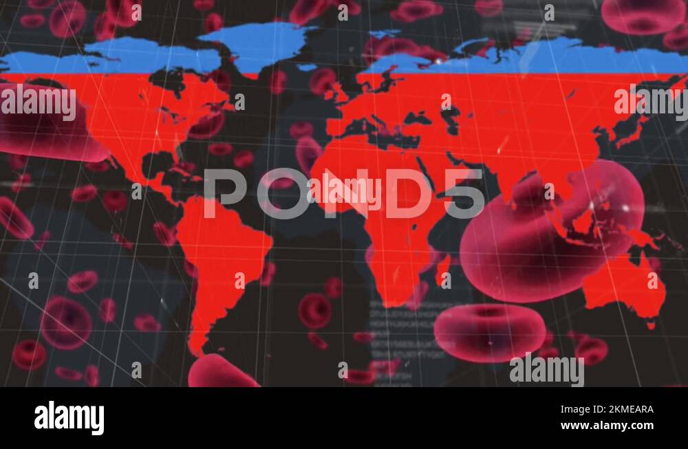 Animation of red blood cells and data processing over world map Stock ...