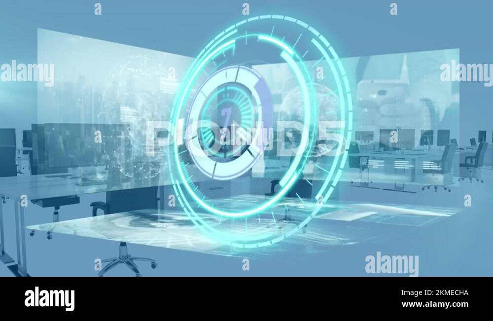 Animation of scope scanning with countdown and data processing over empty office Stock Video ...