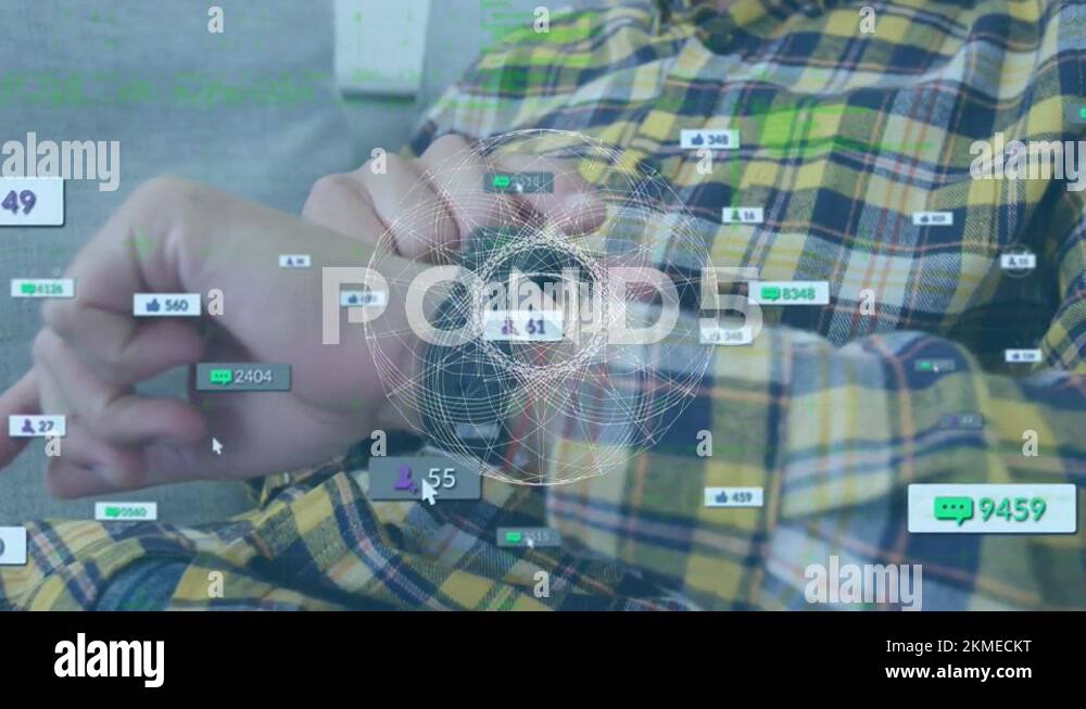 Animation of scope scanning and social media icons over man using ...