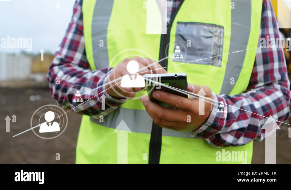 Network of profile icons and arrows against mid section of constructor ...