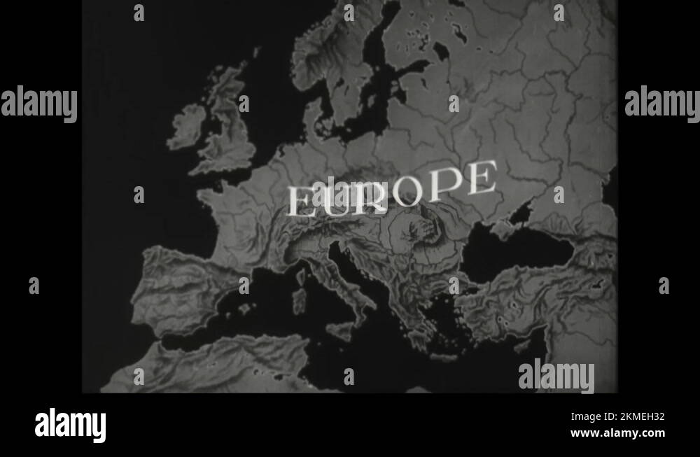 1940s: Map of Europe. Arrow appears. Text reads "BRETAGNE." Mountains ...
