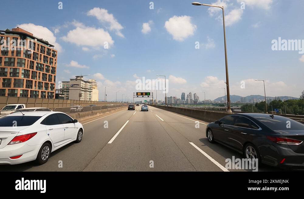 Driving on Seoul Expressway Gangbyeonbuk-ro road along Han River on a ...