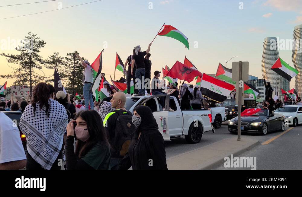 Free Palestine protesters rally, standing on cars waving Palestine ...