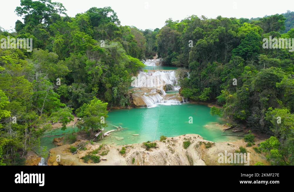 Aerial reveal of Cascadas Roberto Barrios waterfalls in Mexico ...