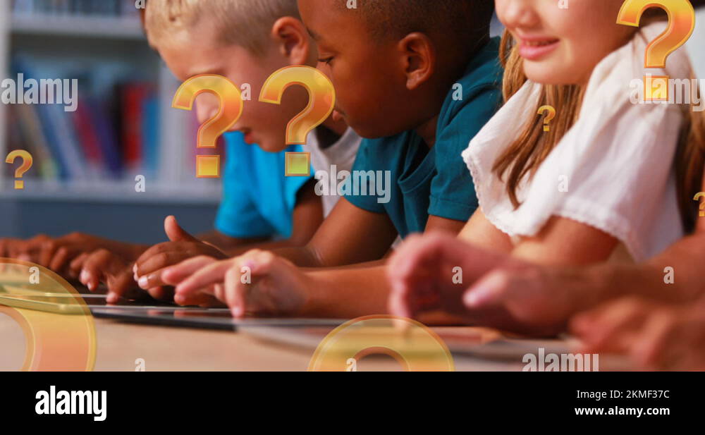 Question mark icons floating against group of kids using electronic ...