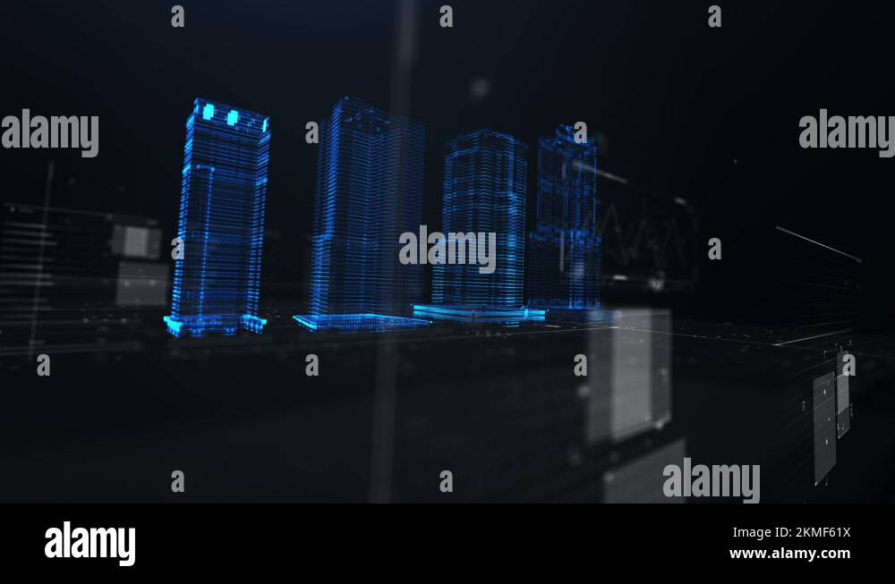 Abstract hologram 3D city rendering with futuristic matrix. Digital ...