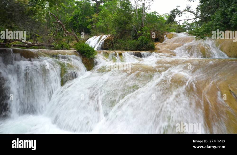 Cascadas Roberto Barrios waterfalls in Mexico, aerial flyover rocky ...