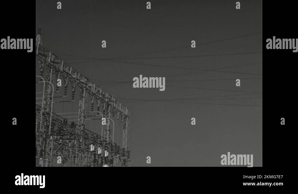 1940s: Electrical substation. Power lines connect to a transmission ...