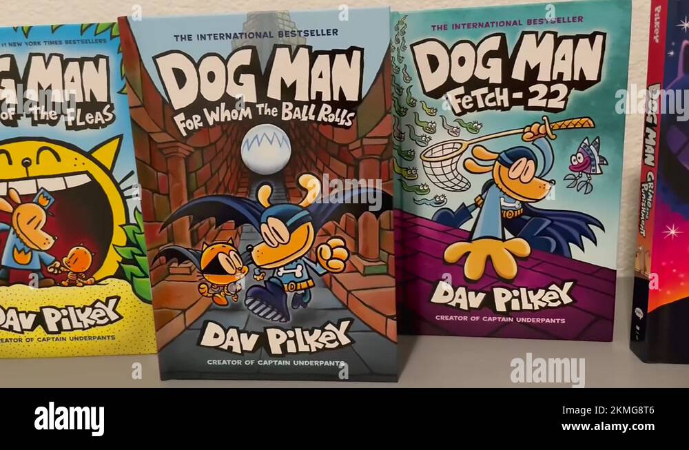 "DOG MAN" children's book series lined up on a bookshelf. Popular ...