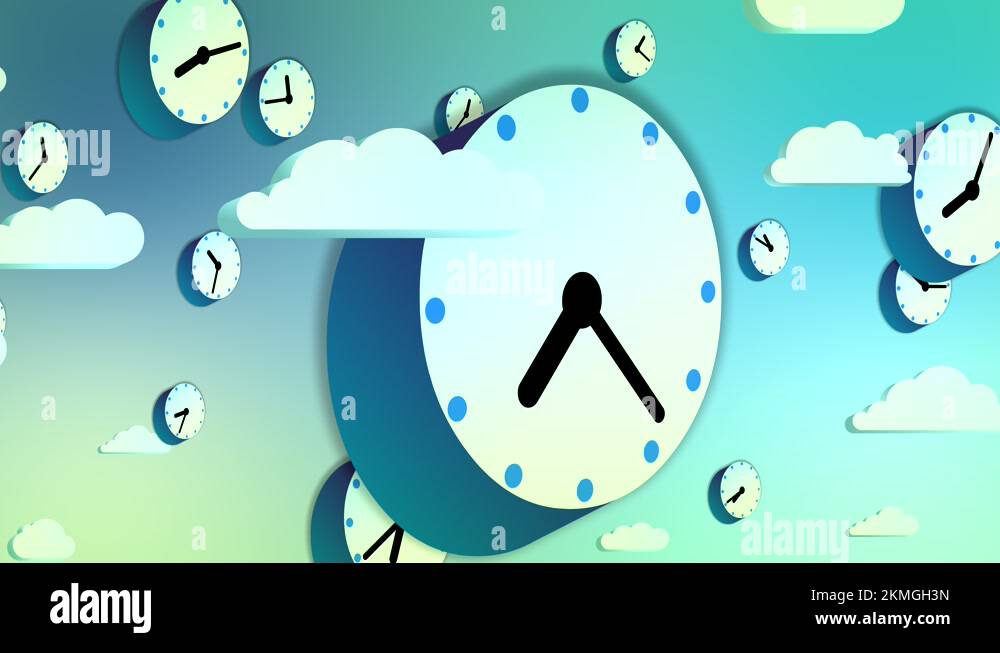 Cartoon counter clocks 12 hours flying on sky moving clouds background ...