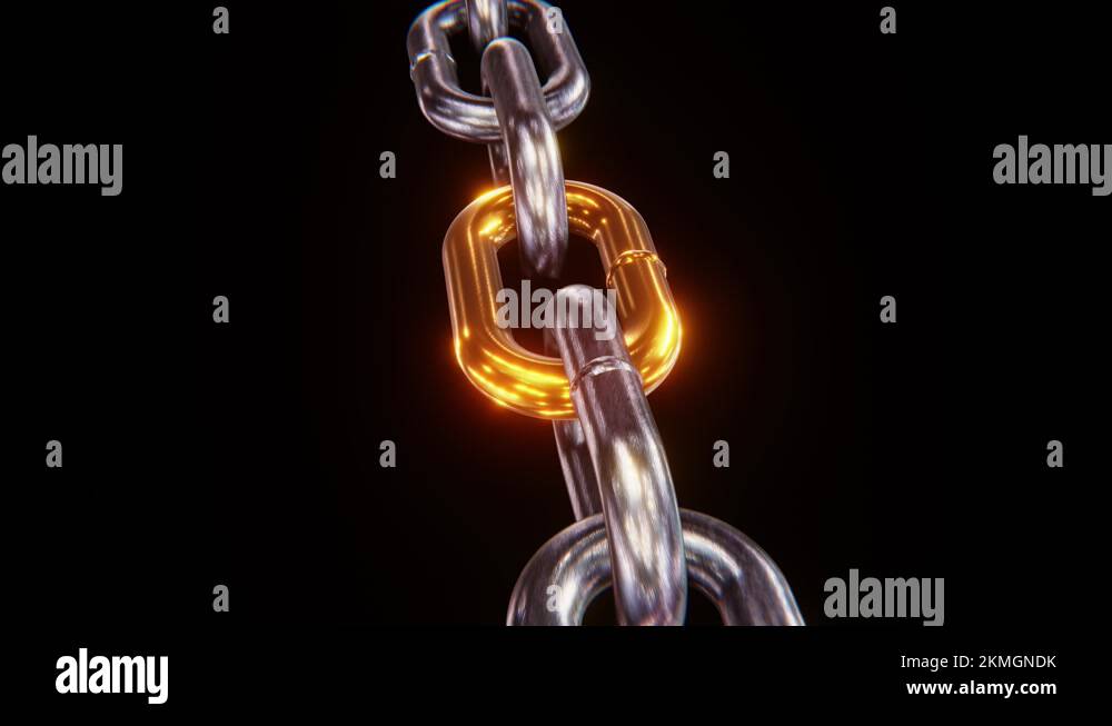 Golden link in a scratched grimy steel chain looping 3D animation Stock ...