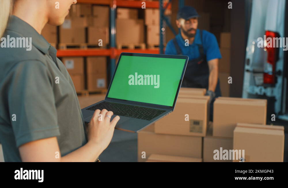 Warehouse Worker Using Green Screen Laptop Loading Van Stock Video ...
