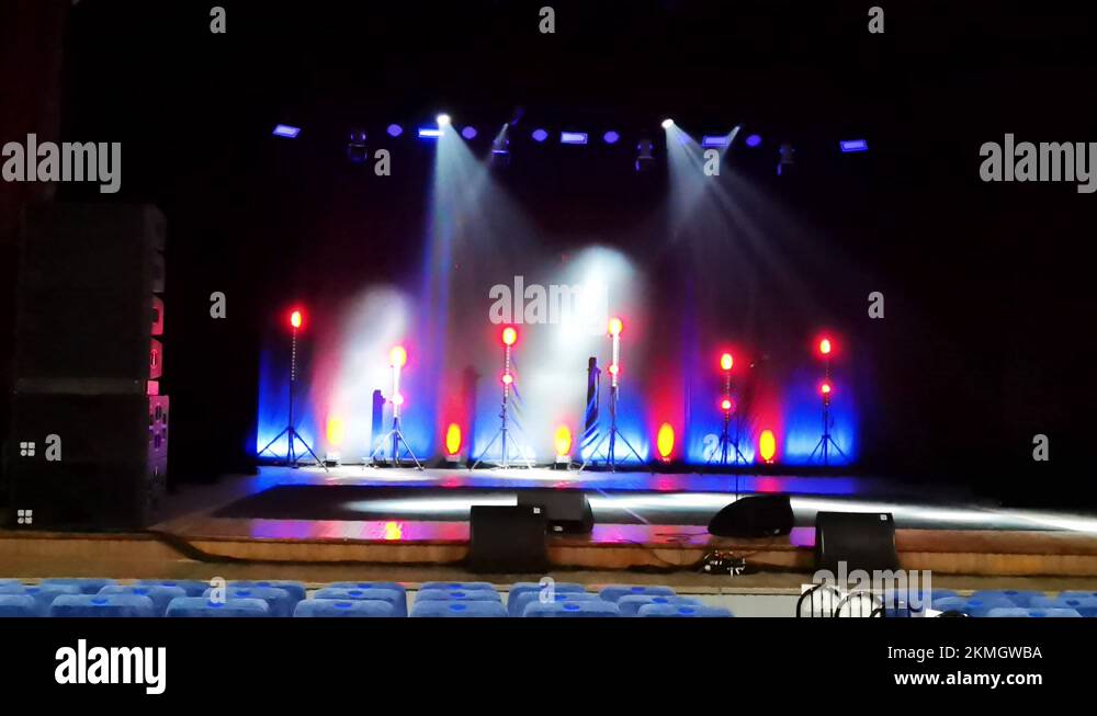 Stage light background. After music show. Neon spotlight. Blue and red ...