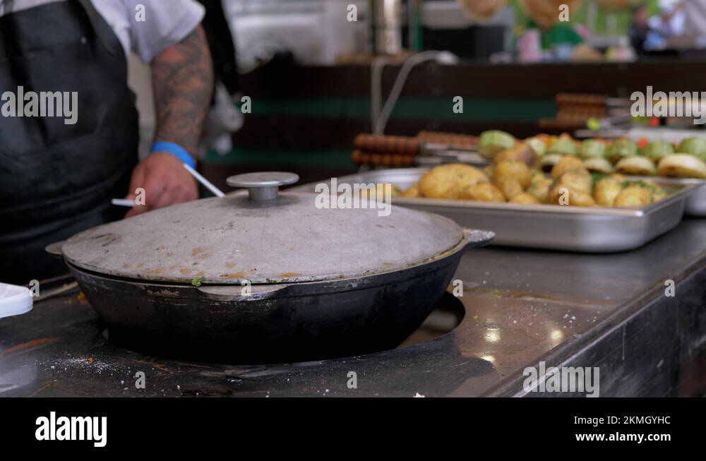 Vegetables Boiling in a Closed Cauldron on Outdoor with Steam, Smoke ...