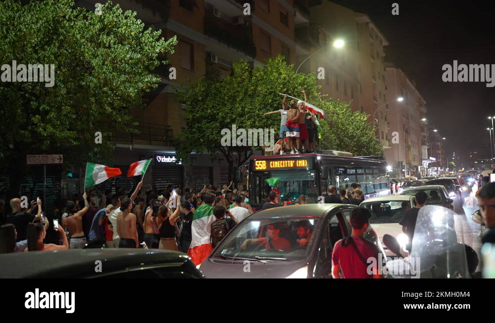 ROME, ITALY - JULY 11, 2021: Drunk funny street Italian hooligans ...