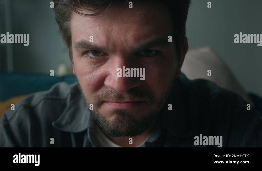 Furious view of angry man, portrait of brutal male person with beard ...