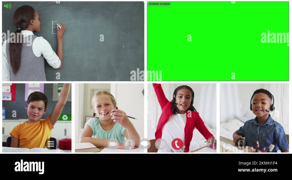 Animation of six screens of diverse children, teacher and green screen ...