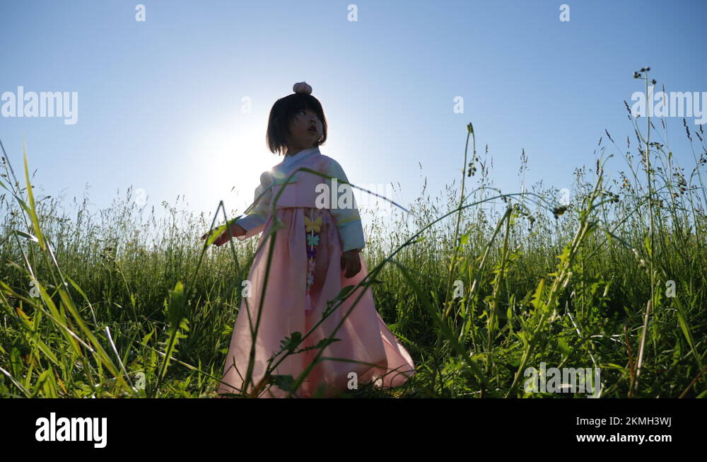 korean national children pink costume on a four-year-old girl standing ...