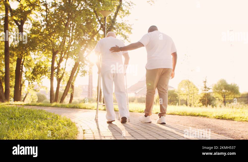 African-American caregiver is teaching disabled old man to walk with ...
