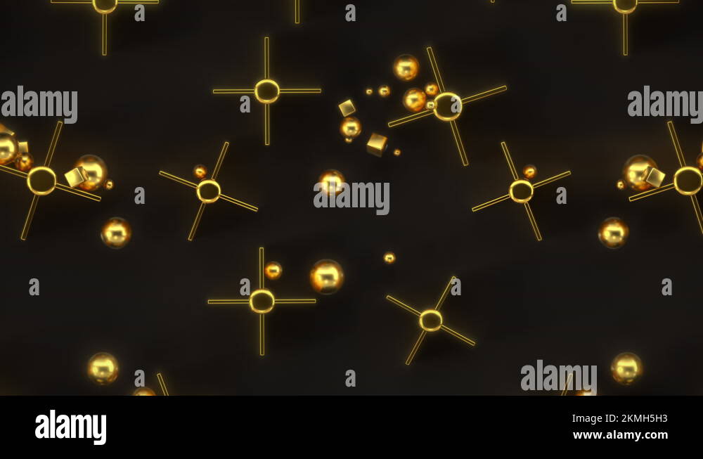 Falling golden balls and cubes, bouncing from obstacles on reflective ...