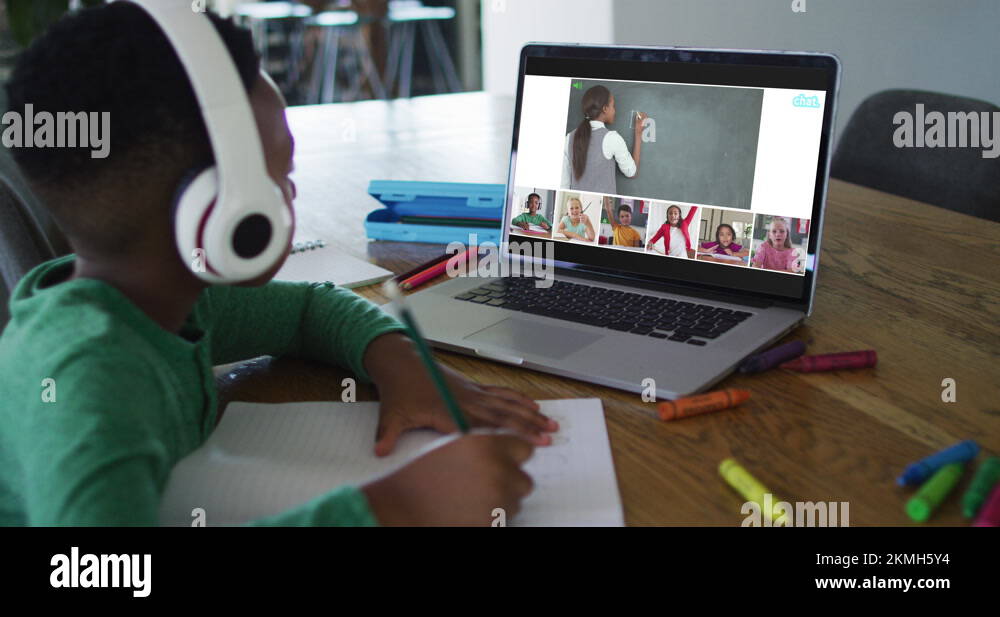 Composite video of boy using laptop with screens of diverse class and ...