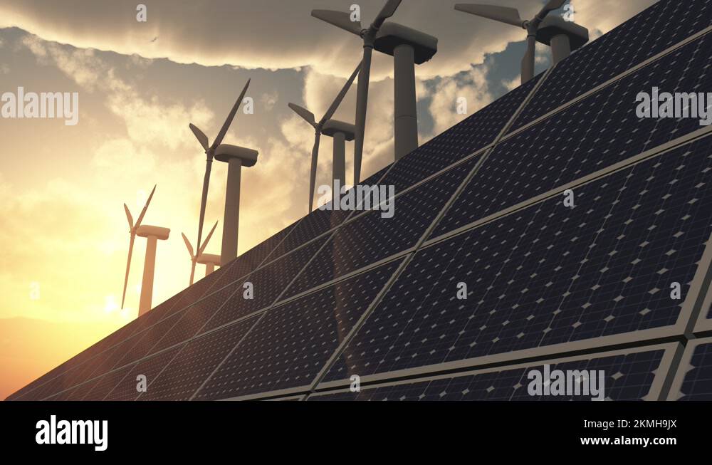 solar cell plant and wind generators connected to smart grid.timelapse ...