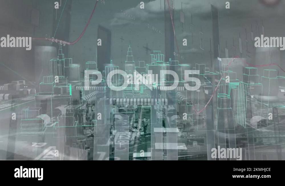 Animation of 3d city drawing spinning and data processing over ...