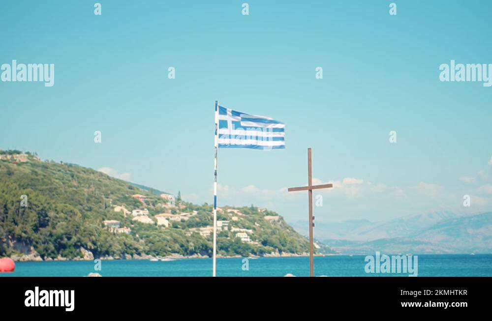 Blue Greek Symbol Flag On Wind.Blue Greek And Cross Flag Flutter Stock ...