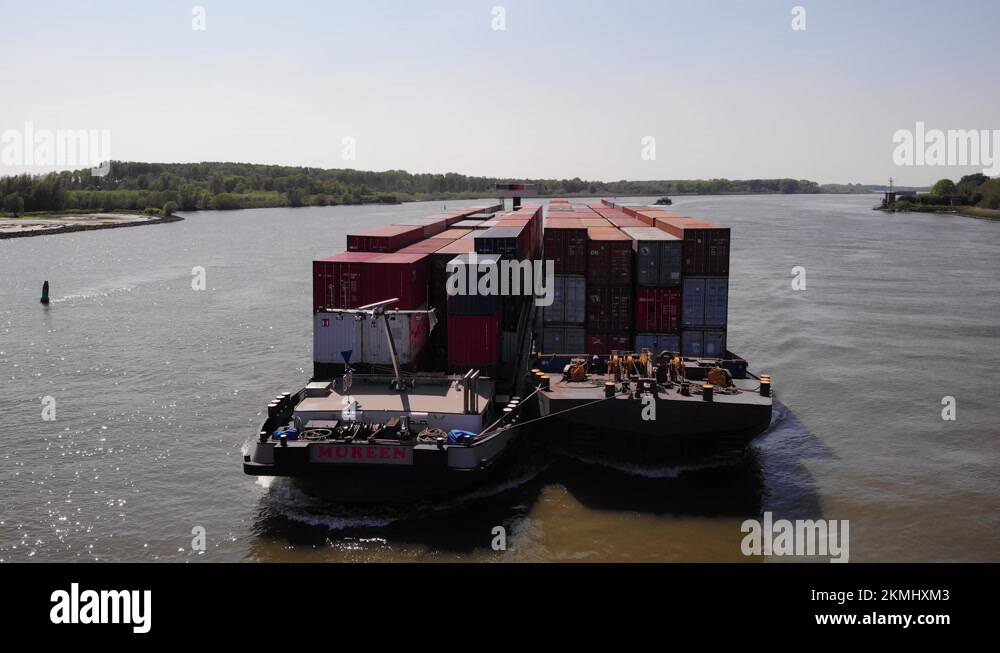 Two Barges With Bulk Of Shipping Containers Sailing In The River n A ...