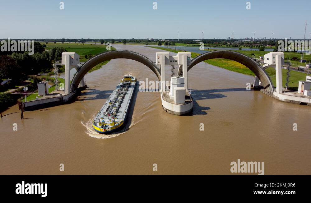 Lock and weir In Dutch River Lek Called Sluice Hagestein, aerial Stock ...