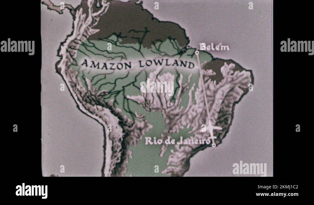 Brazil 1960s: Map of South America, with a plane icon moving from Rio ...