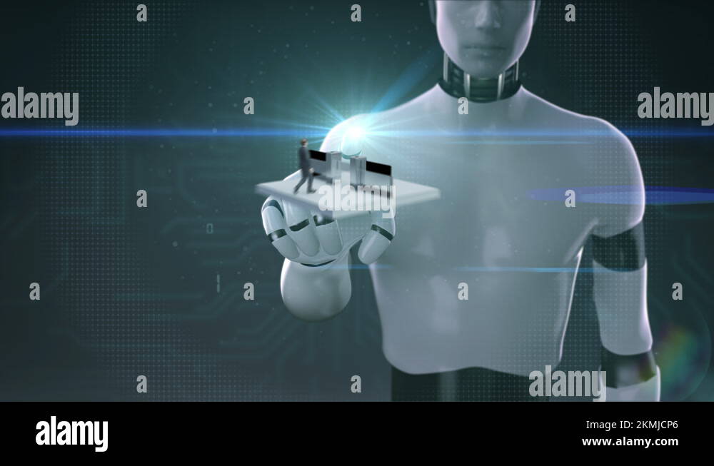 Robot touches a gate that confirms identity by recognizing faces. 4k.2 ...