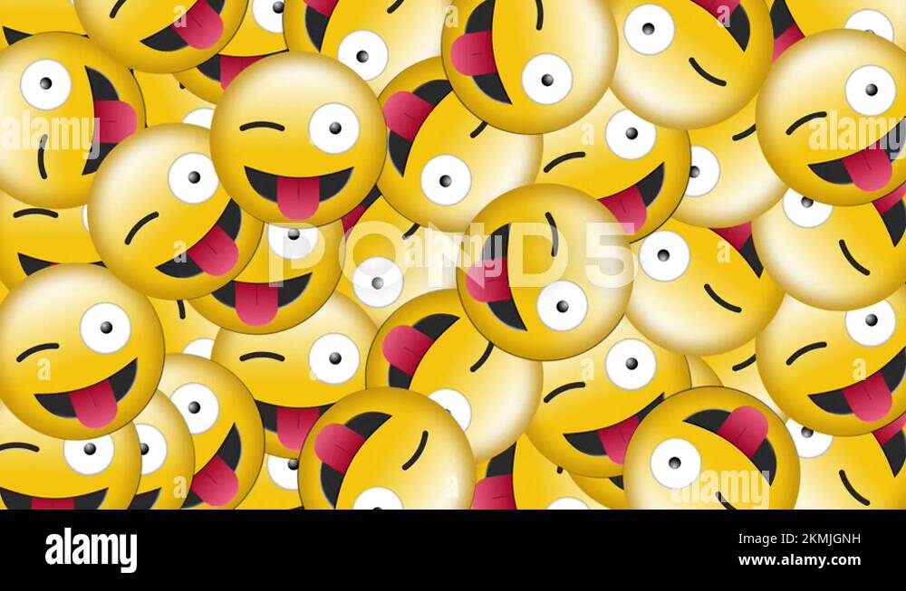 Digital animation of multiple silly face emoji falling against black ...