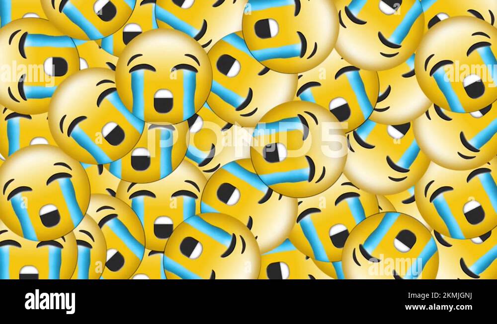 Digital animation of multiple crying face emoji falling against black ...