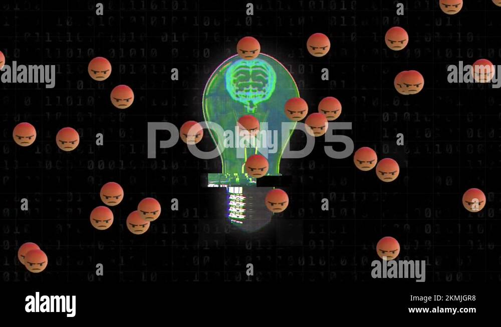 Digital animation of multiple angry face emojis against human brain ...