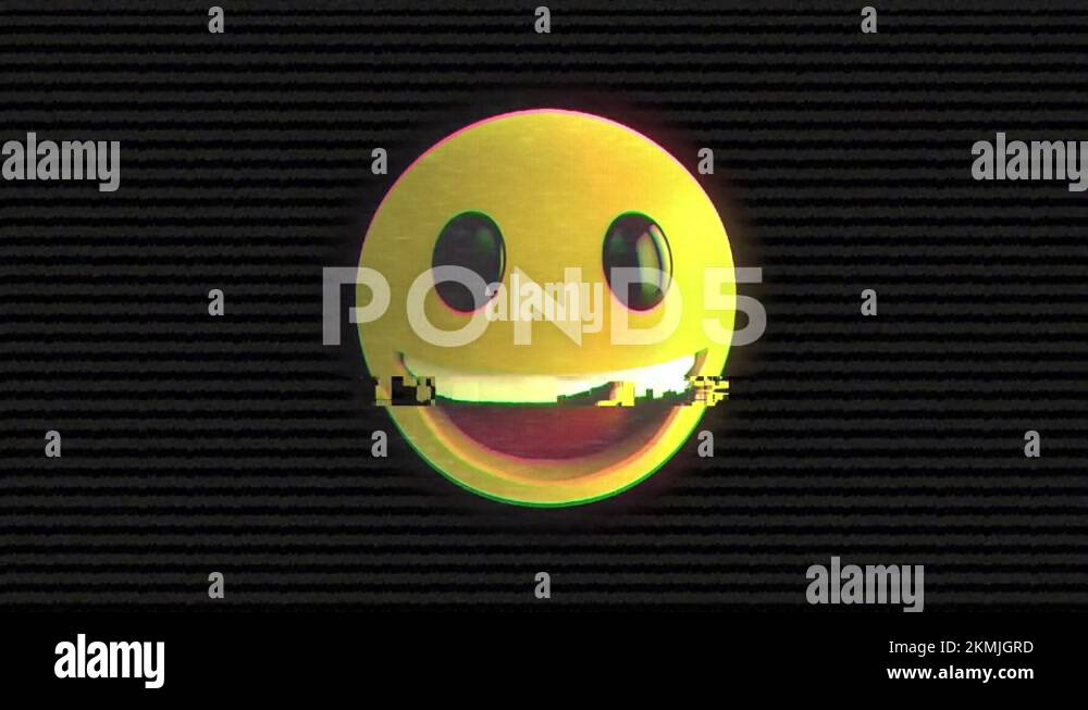 Digital animation of glitch effect over smiling face emoji against ...