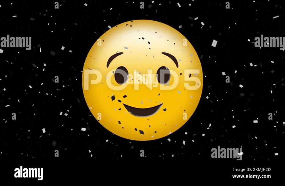 Animation of confetti falling over smiling emoji icon on black ...