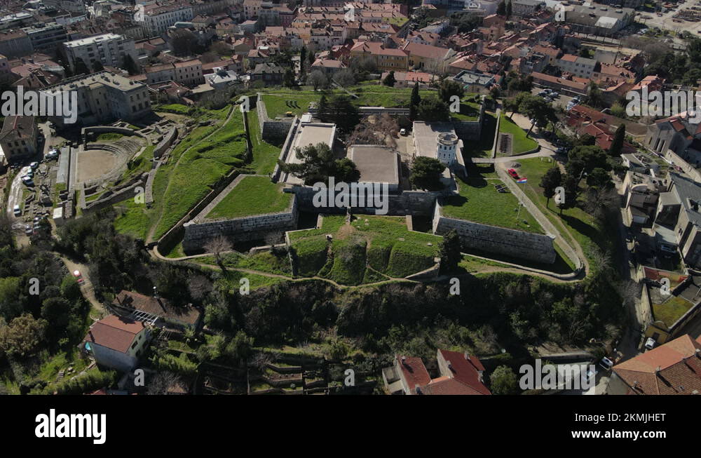 Drone pull out of ancient roman ruins in pula, Croatia, old roman forum ...