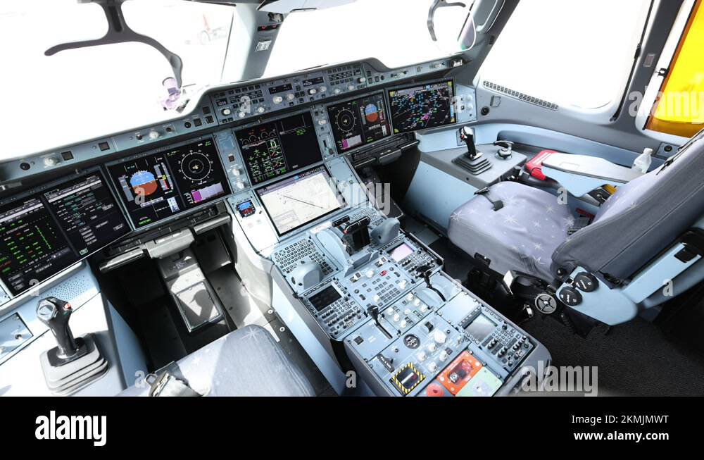 The cockpit of the AIRBUS A350 aircraft for flight tests. The internal ...