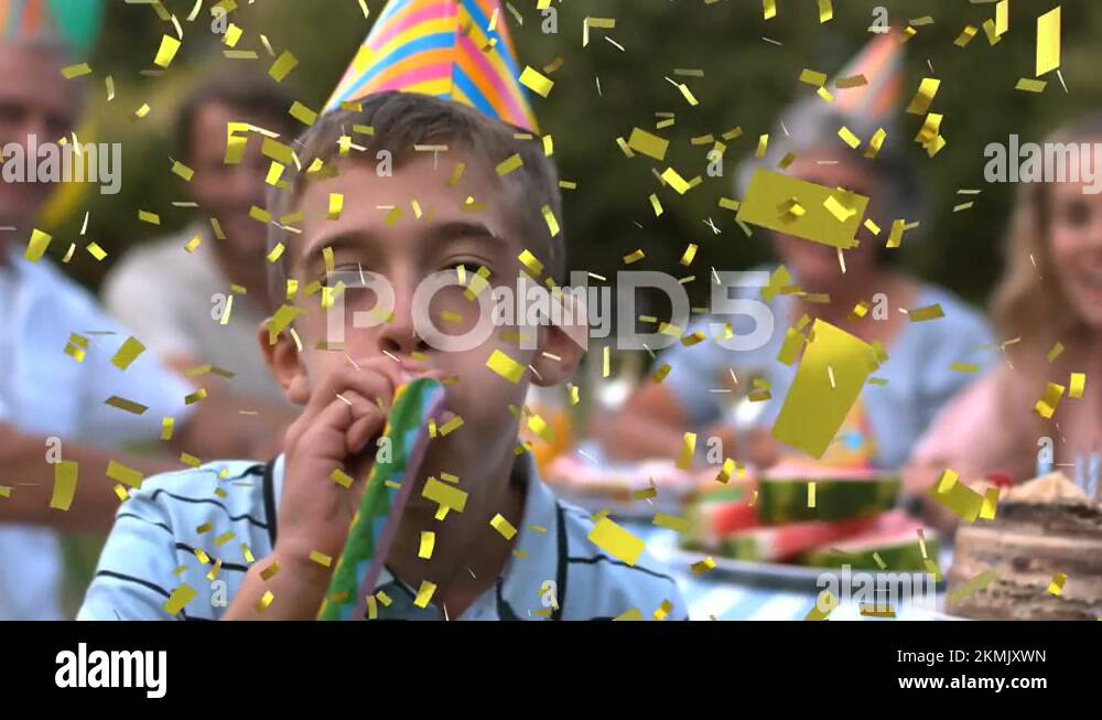 Animation of confetti falling over happy family at birthday party Stock ...