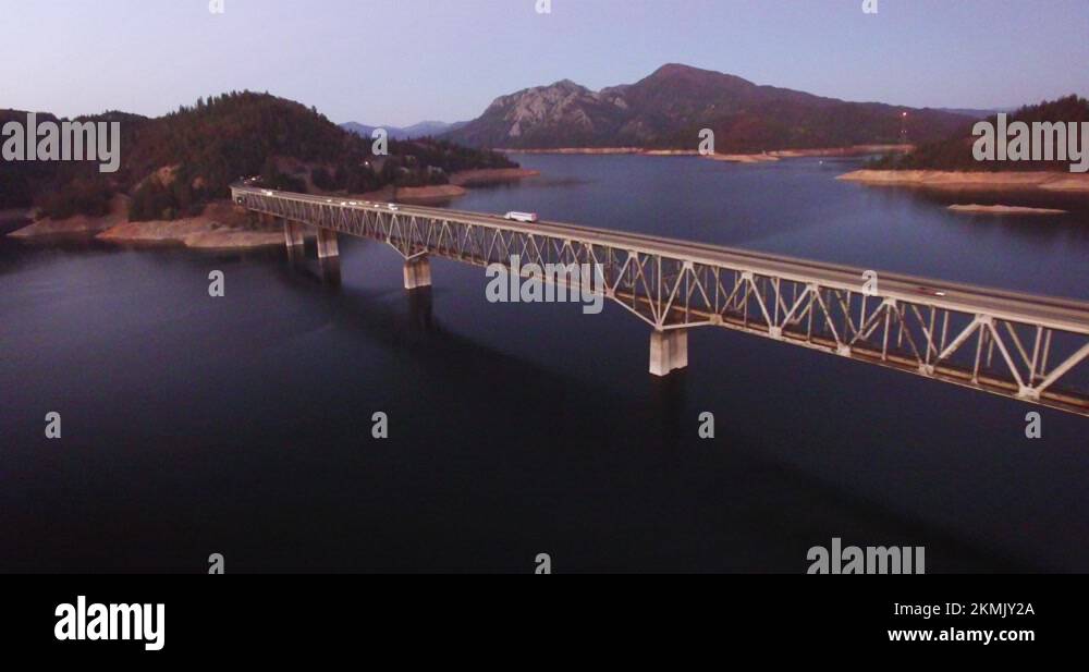 Cars Crossing Pit River Bridge over Shasta Lake in California - Aerial ...