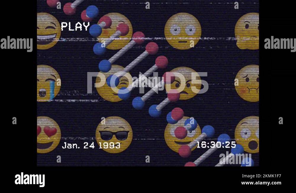 Vhs glitch effect over dna strurture spinning and multiple face emojis ...