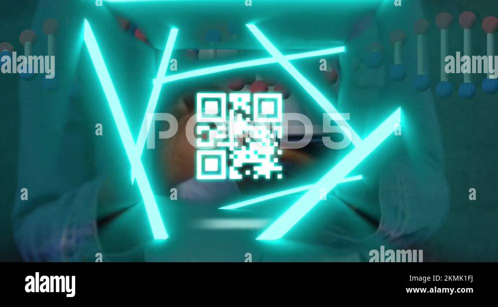 Neon qr code scanner and dna structure spinning against mid section of ...
