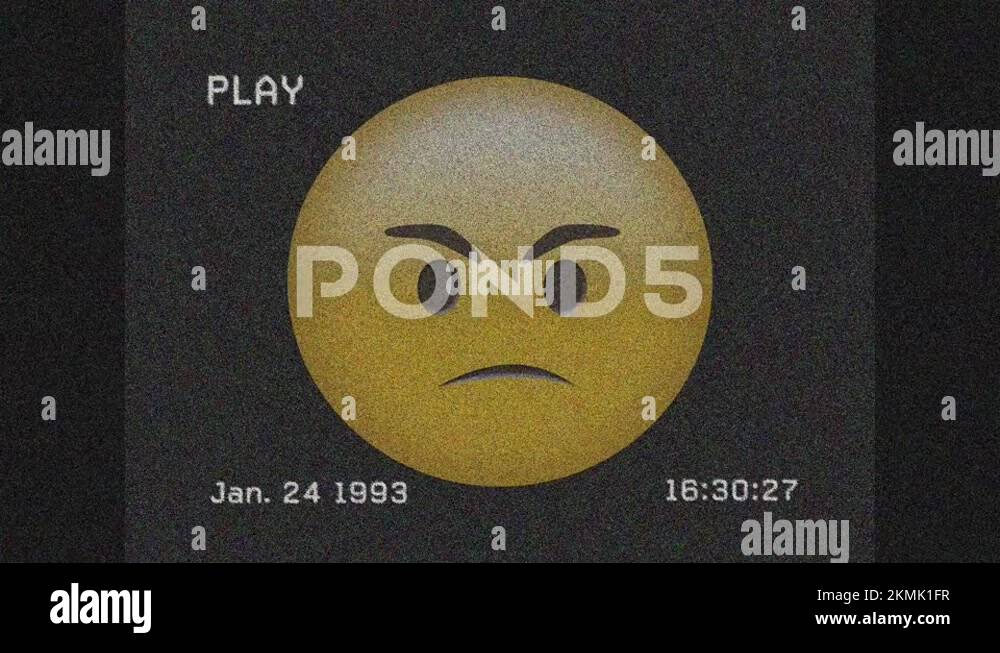Digital animation of vhs glitch effect over angry face emoji against ...